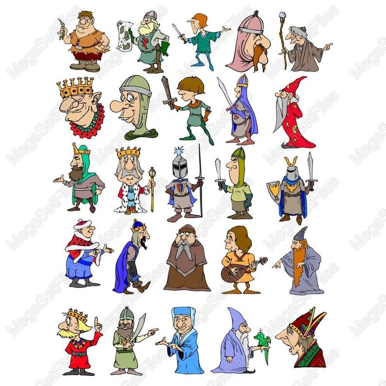 Medieval Fantasy Characters Clipart Set SVG PNG - Cartoon Knights ...
