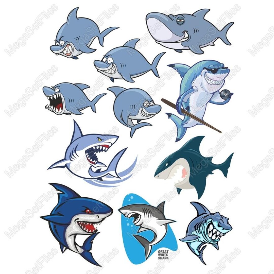 200,000 Cliparts + Cartoon Shark Clipart Set SVG PNG | Fun Ocean Animal ...