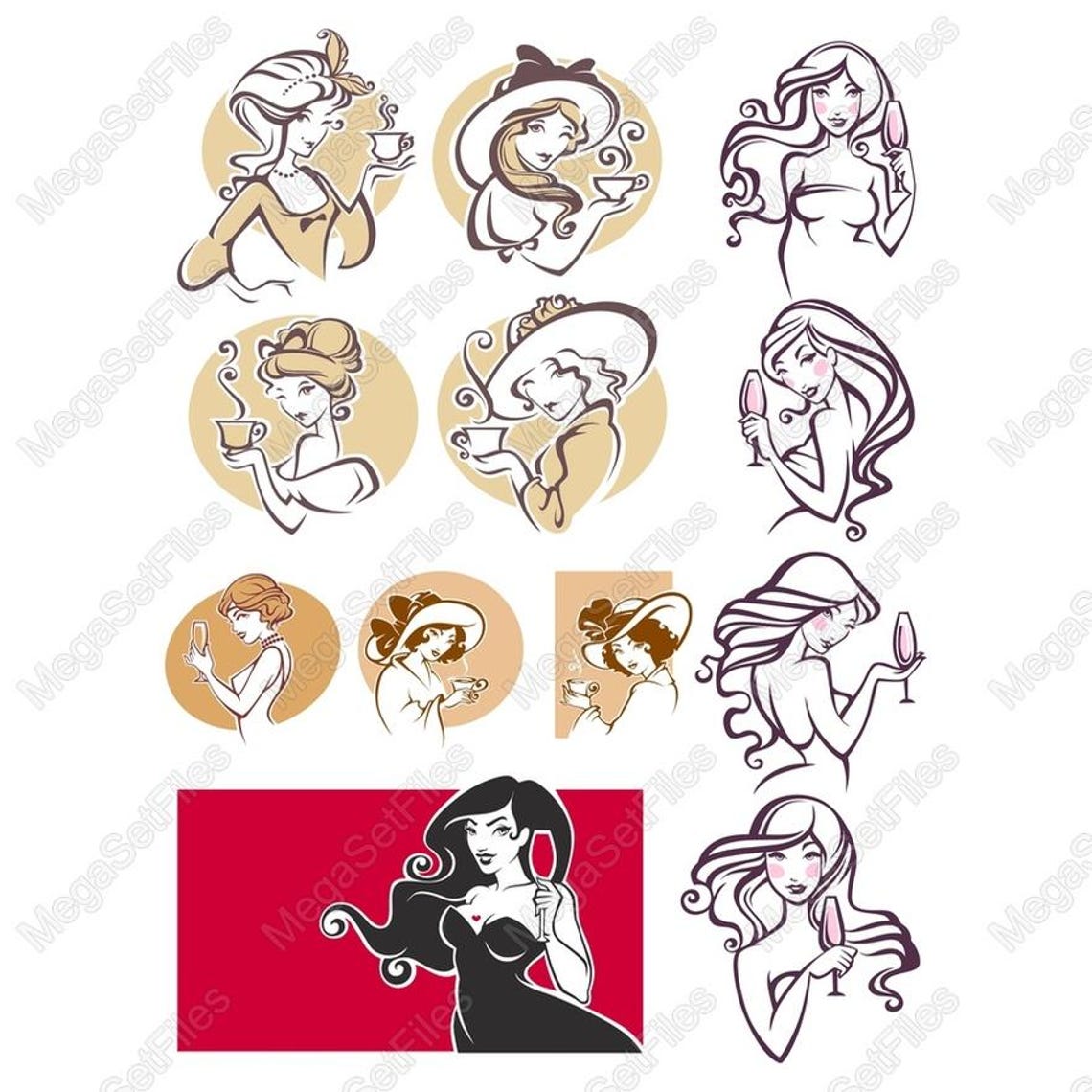 Elegant Vintage Lady Clipart Set in Pastel and Monochrome, SVG and PNG ...