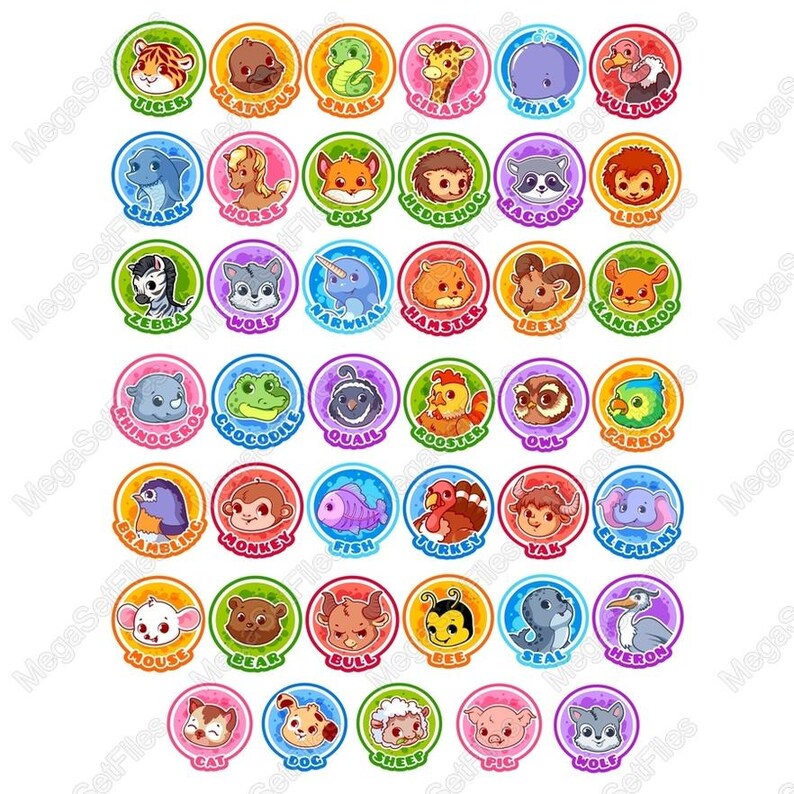 Cute Animal Badge Clipart Set SVG PNG - Colorful Cartoon Zoo Theme for ...