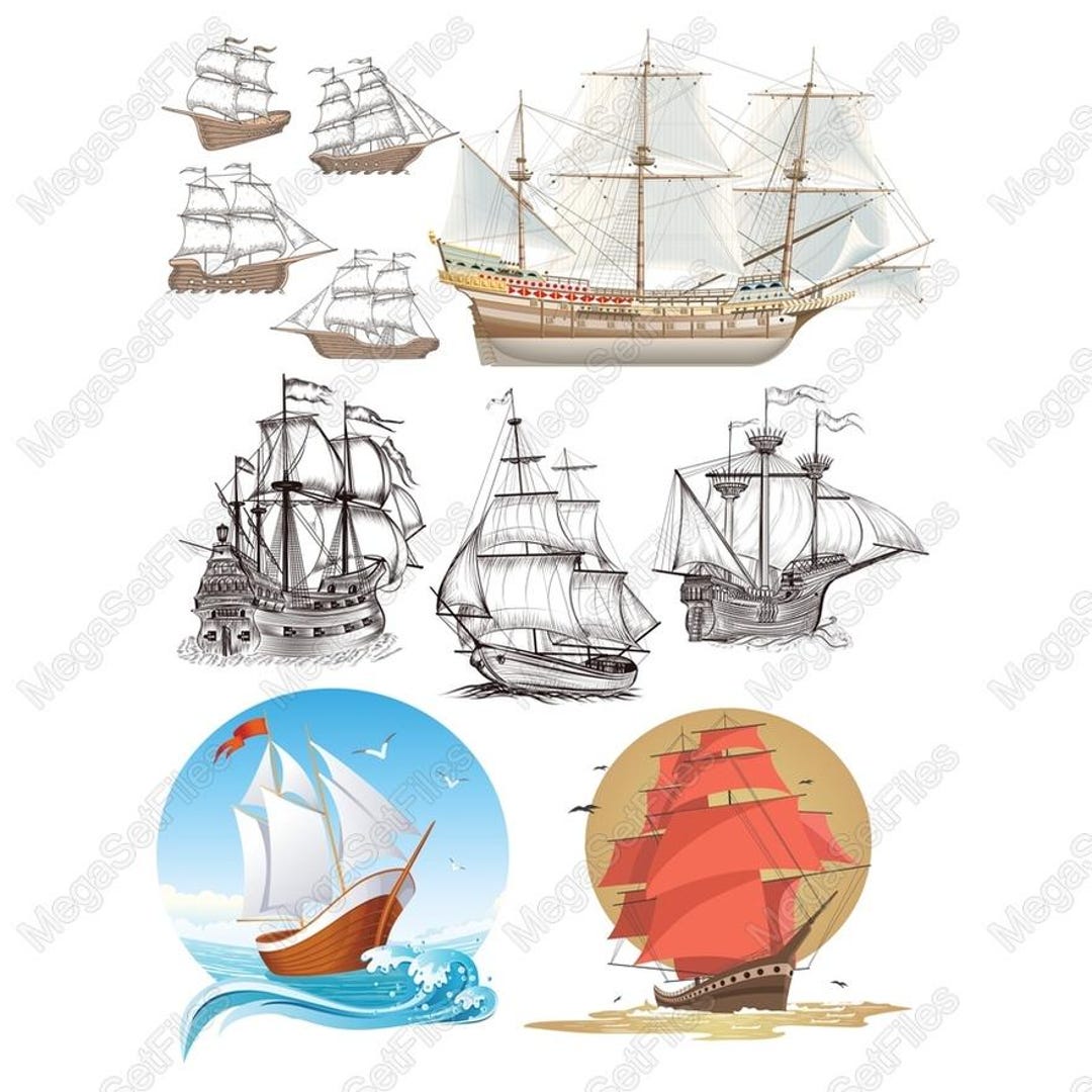 Vintage Sailing Ship Clipart Set, Nautical Illustrations SVG PNG ...