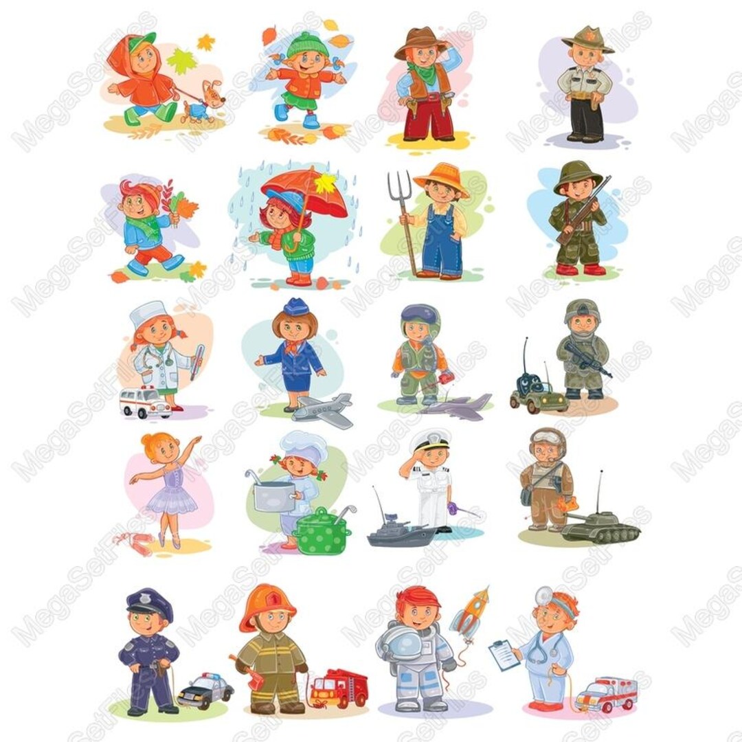 Cute Kids Dress-up Clipart SVG PNG - Cartoon Professions Theme, Playful ...