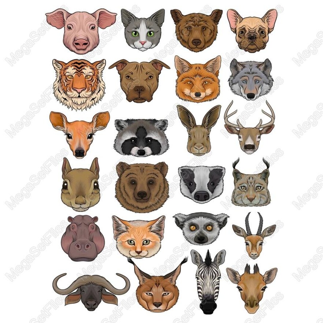 Wildlife Animal Faces Clipart Set - Detailed Animals Art in SVG, PNG ...