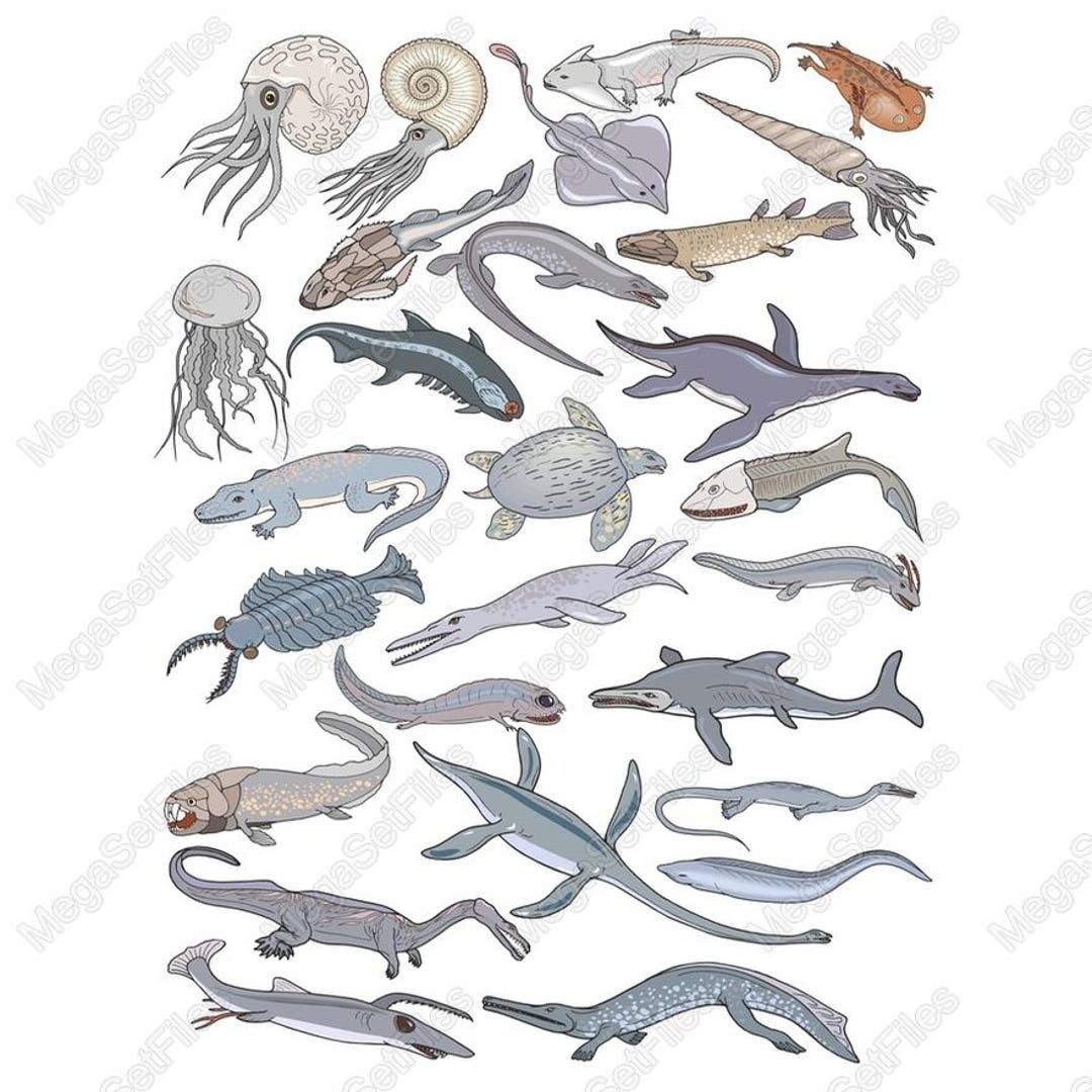 Prehistoric Marine Life Clipart Set in SVG, PNG | Nautical Watercolor ...