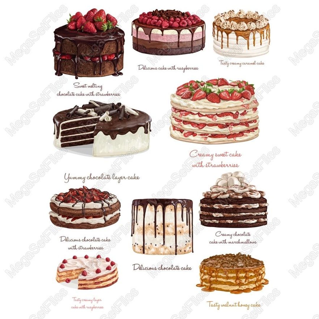 Delicious Cake Clipart Set in Watercolor Style, SVG PNG Files for ...