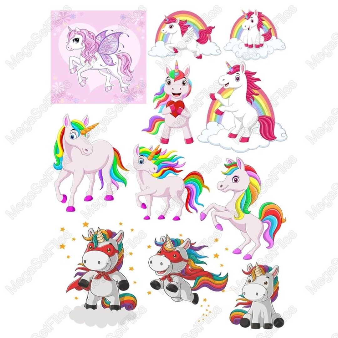 Whimsical Rainbow Unicorn Clipart Set for Kids, Fantasy Theme Art, SVG ...
