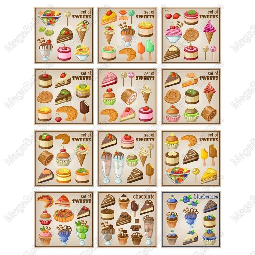 Colorful Sweet Treats Clipart in Retro Style, Dessert SVG PNG Files ...