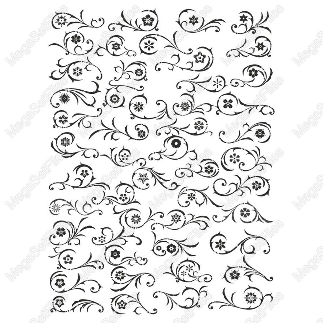 200,000 Cliparts + Ornamental Floral SVG PNG Set: Elegant Black Curly ...