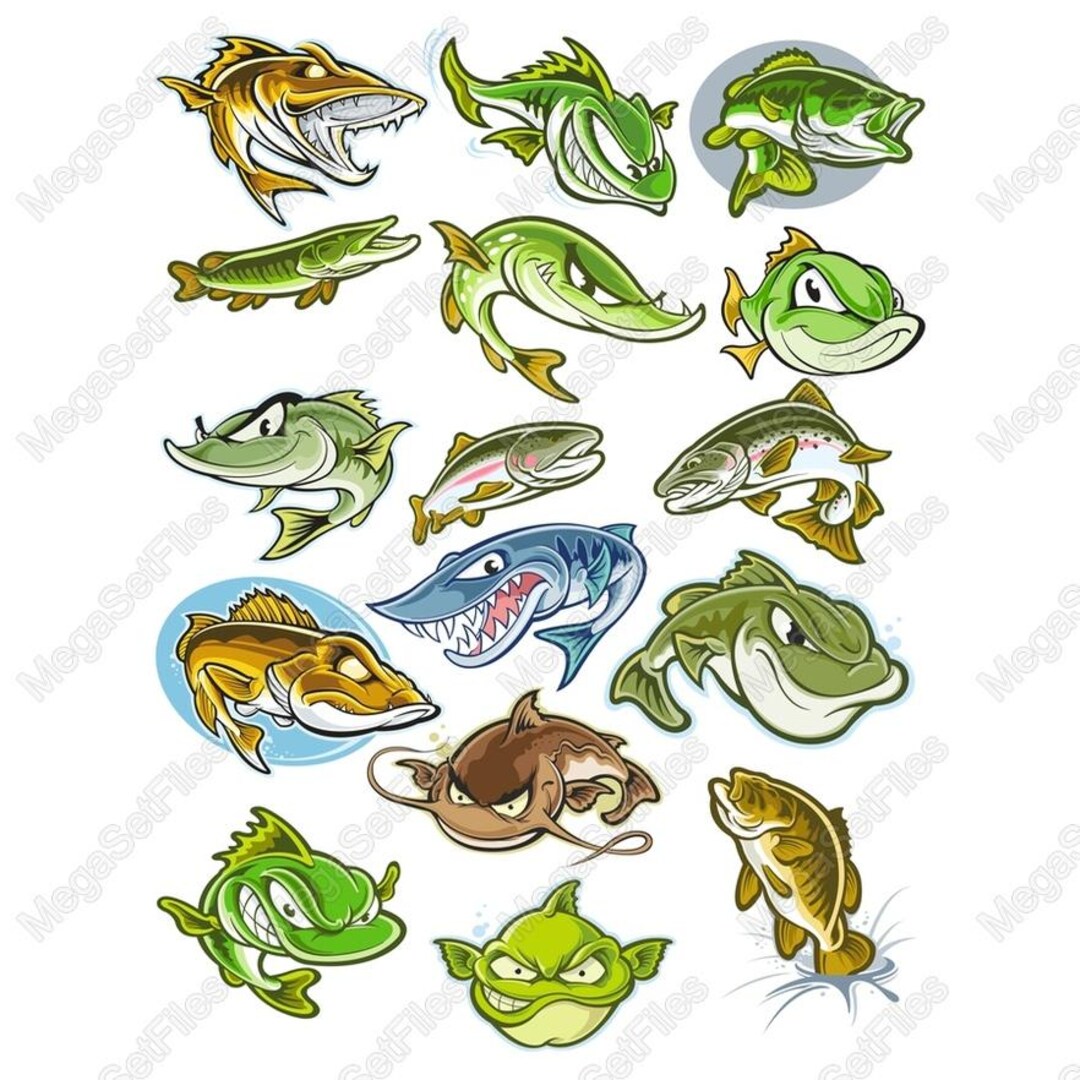 200,000 Cliparts + Sporty Fish Clipart Set in Green and Blue, SVG PNG ...