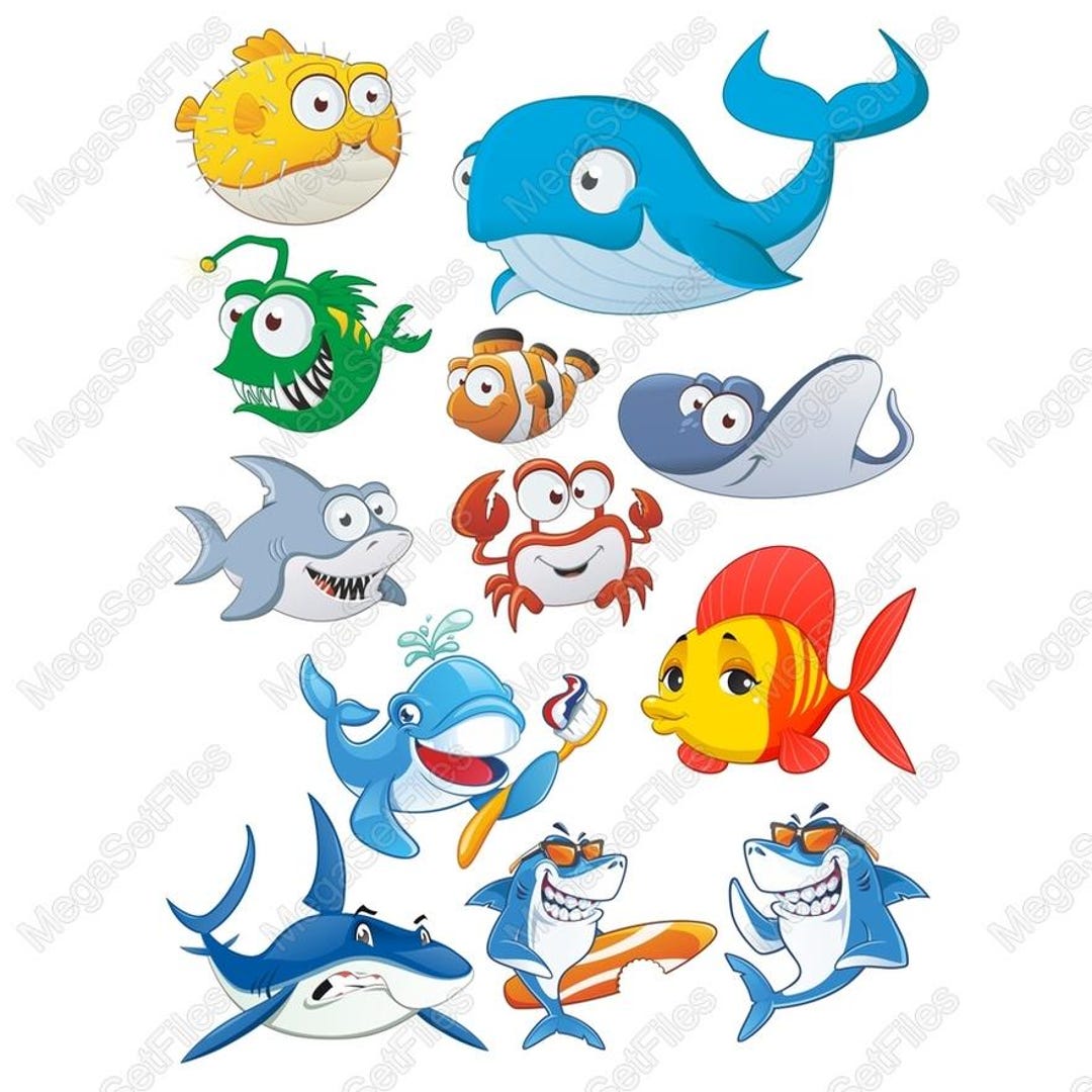 Premium Cartoon Sea Creatures Clipart Set in Bright Colors, Ocean ...