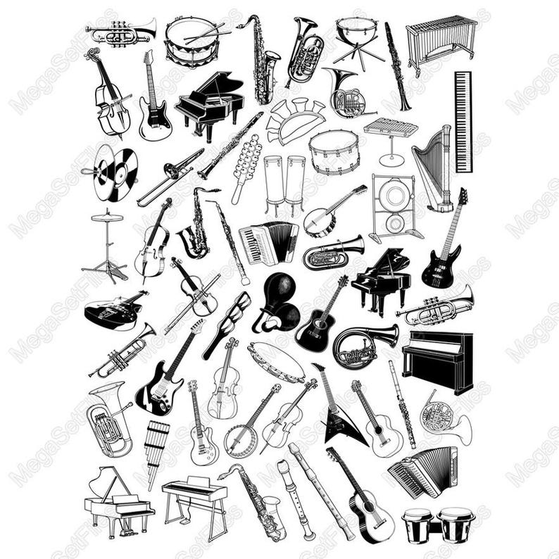 Musical Instruments Clipart Set SVG PNG Black and White Jazz Orchestra ...