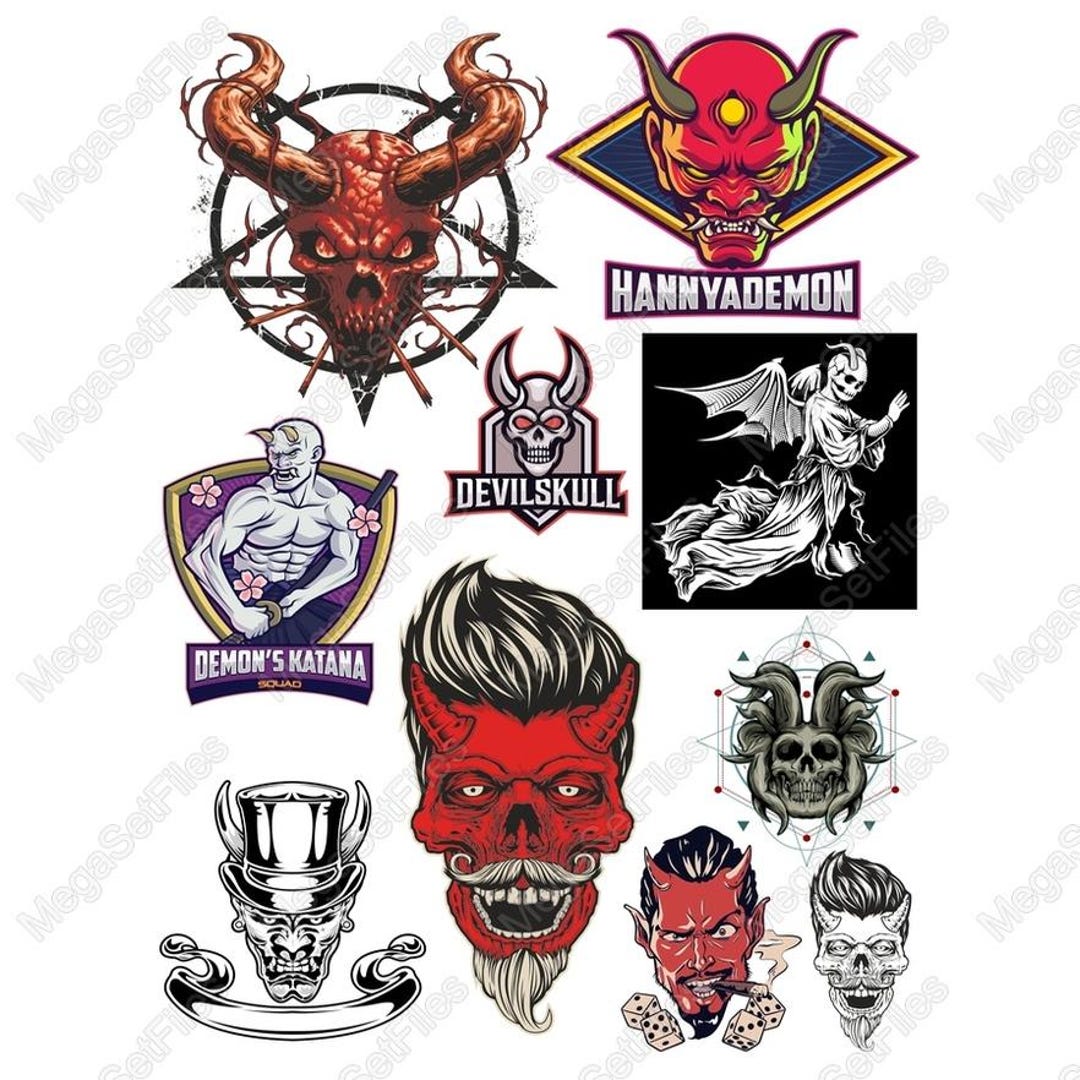 Demon and Skull Clipart Set in Grunge Style, SVG PNG Vector Art for ...