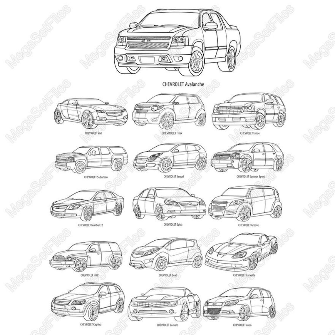 Chevrolet Car Line Art Clipart Set in SVG, PNG | Detailed Auto Drawings ...