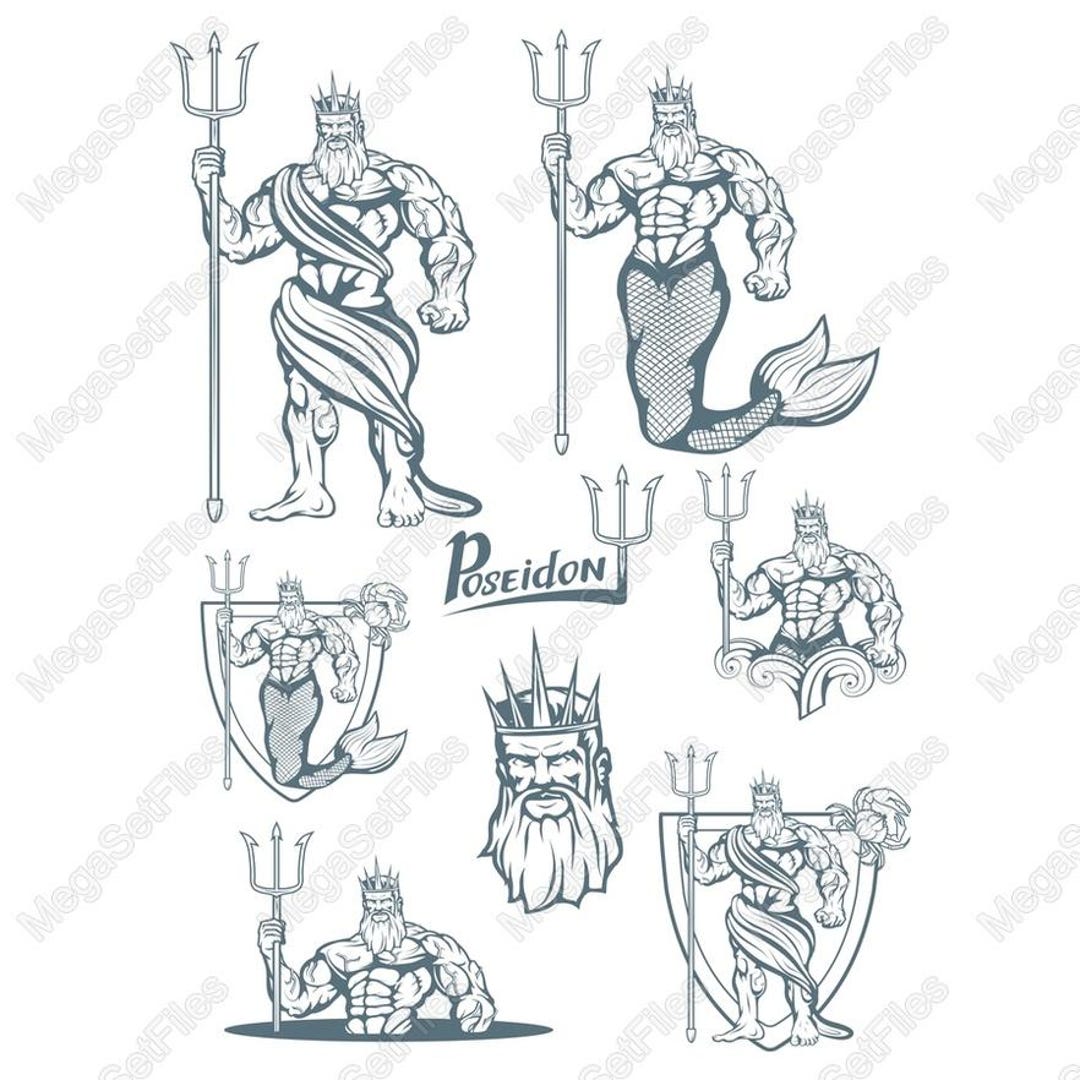 200,000 Cliparts + Poseidon Greek God Clipart Set - Nautical Monochrome ...