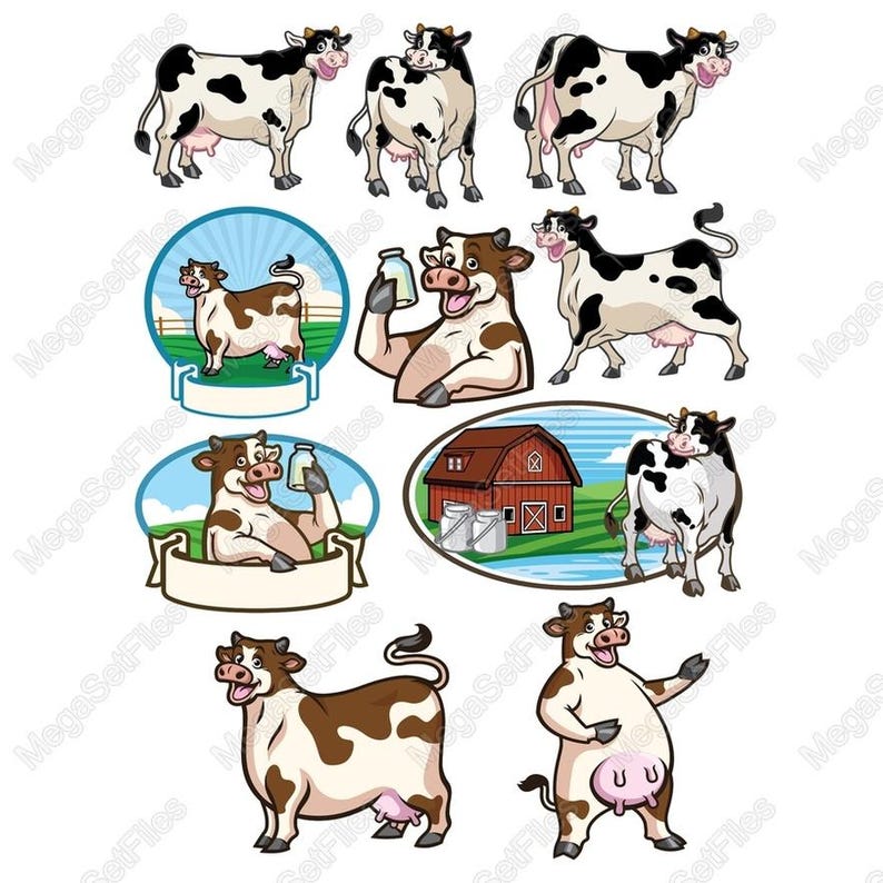 200,000 Cliparts + Farm Animal Clipart SVG PNG, Cartoon Cow Graphics ...