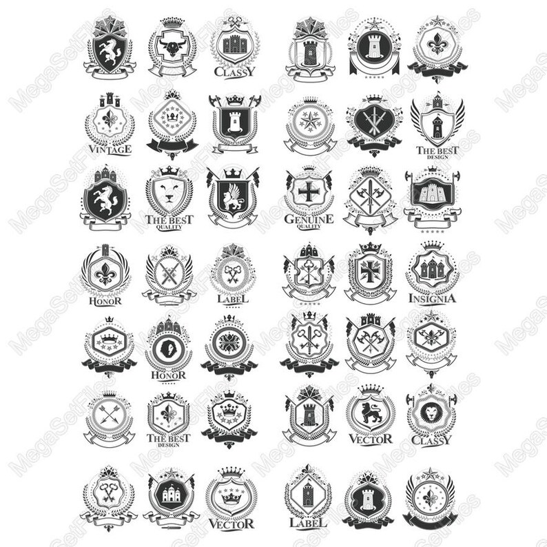 Vintage Heraldic Crest SVG PNG Set - Classic Monochrome Shields, Family ...