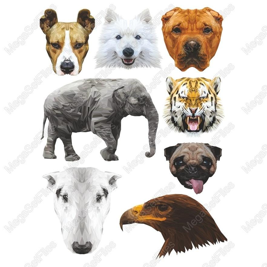 Geometric Animal Faces Clipart Set - SVG, PNG - Dog, Tiger, Eagle ...
