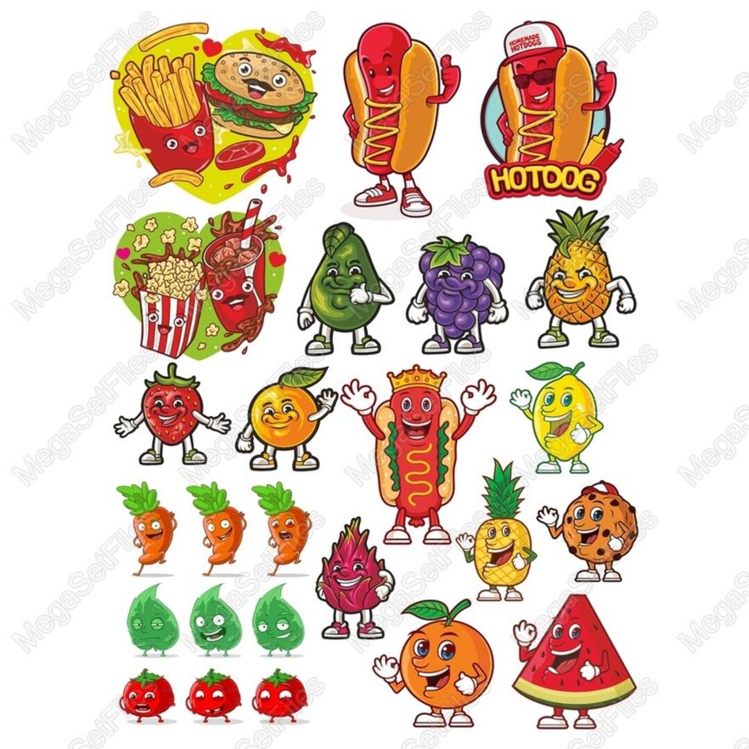 Fun Food-themed Cartoon Clipart Set in SVG, PNG – Bright Colors ...