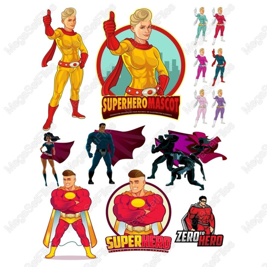 Bold Superhero Clipart Set in Retro Comic Style - Vibrant Colors - SVG ...