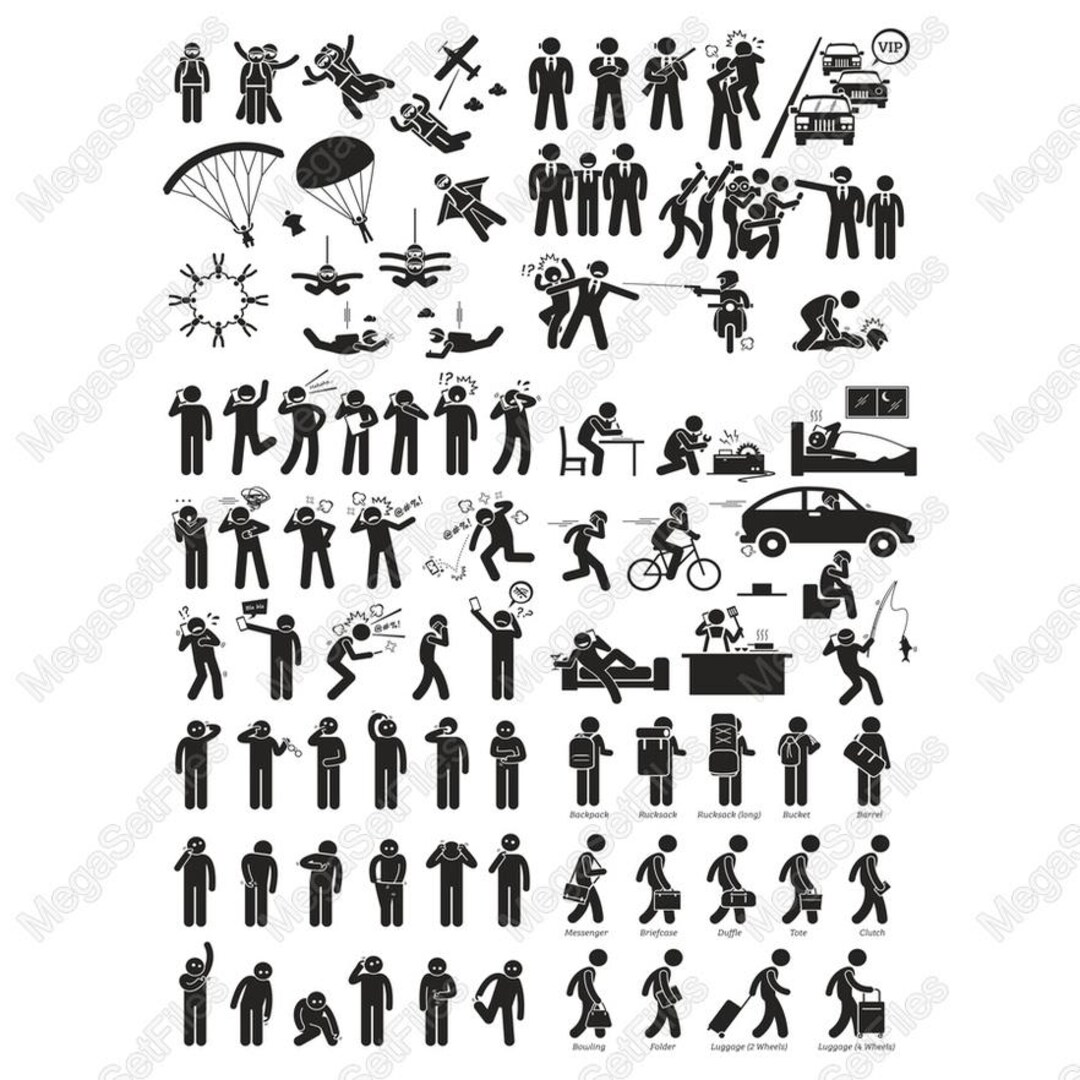 Stick Figure Action Clipart Set in SVG, PNG - Black and White Icons for ...