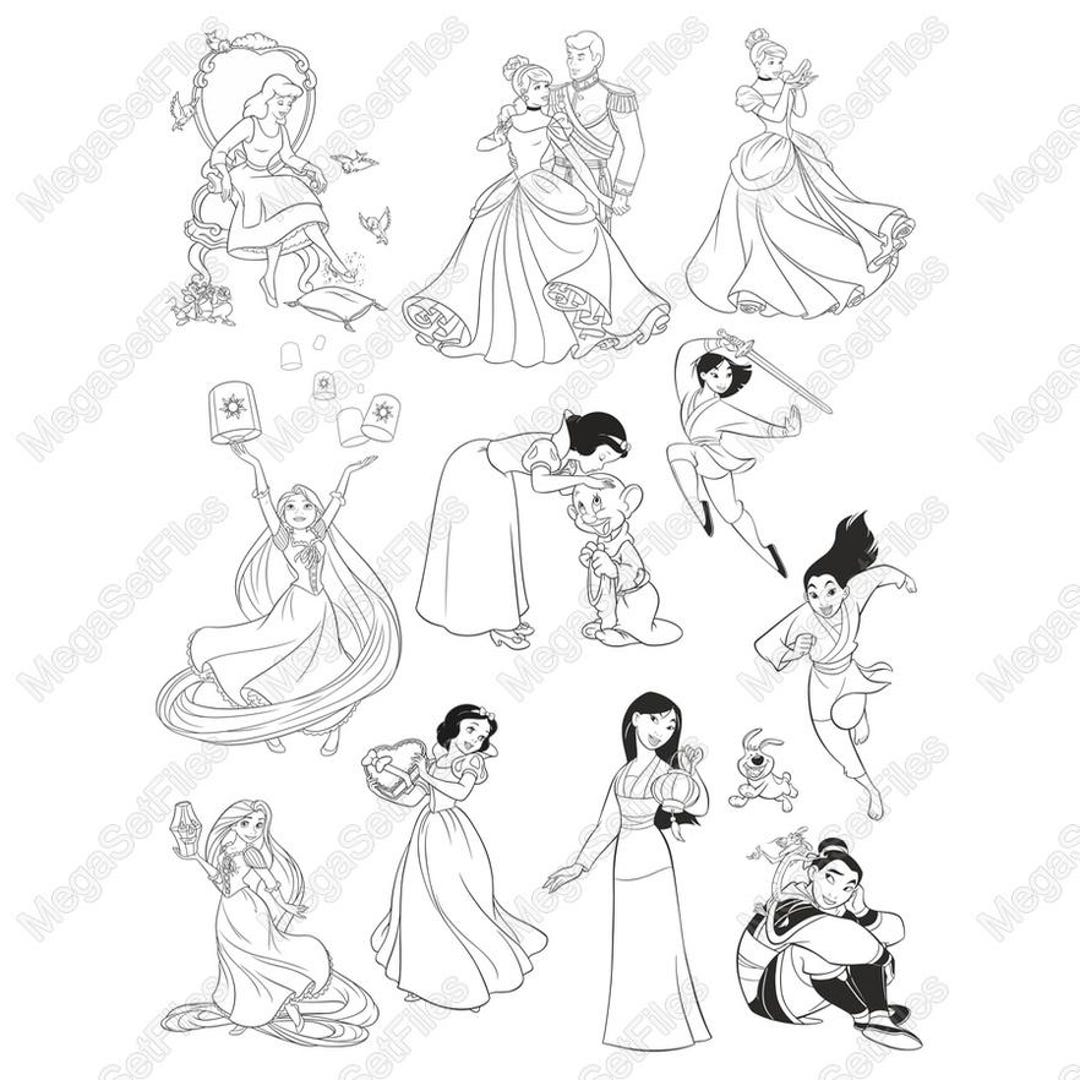 Fairy Tale Princess Line Art Set SVG PNG, Elegant Storybook Characters ...