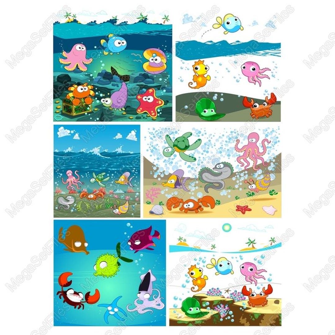 Colorful Ocean Animals Clipart Set - Cute Sea Creatures in SVG and PNG ...