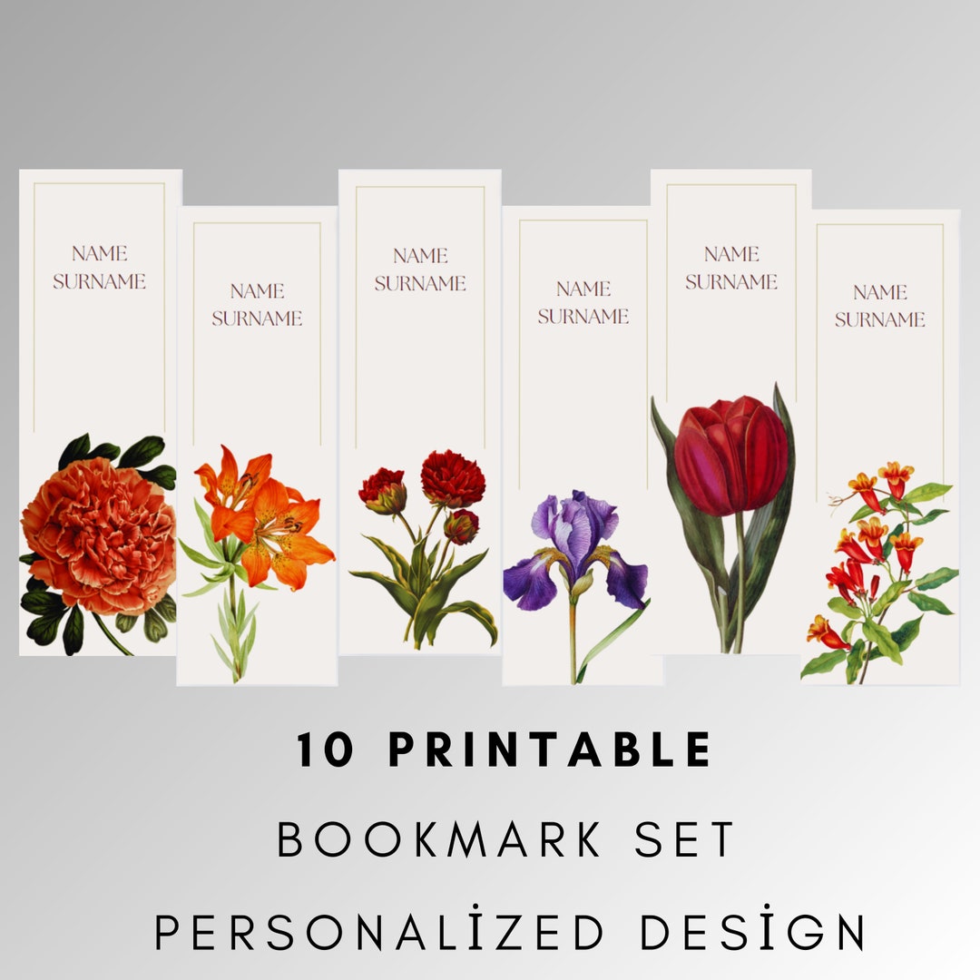 10 Printable Personalized Bookmarks Digital Floral Bookmarks Flower ...