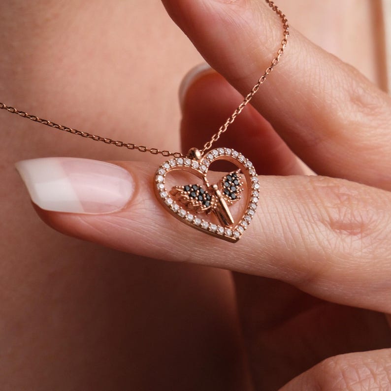 Rotatable Angel Figure Pendant, 14K Gold Angel and Heart Necklace ...