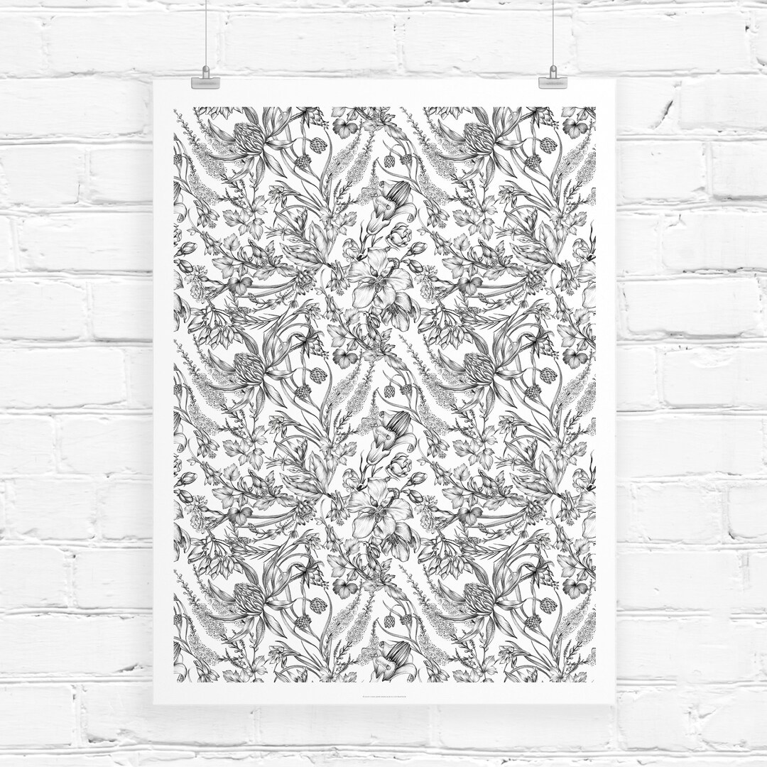 Floral B&W Pattern Art Print Home Decor Wall Art Wall - Etsy