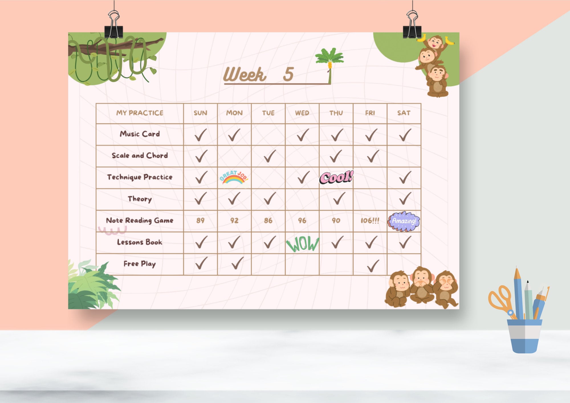 Kids Music Practice Chart | Printable Weekly Planner and Tracker - Etsy