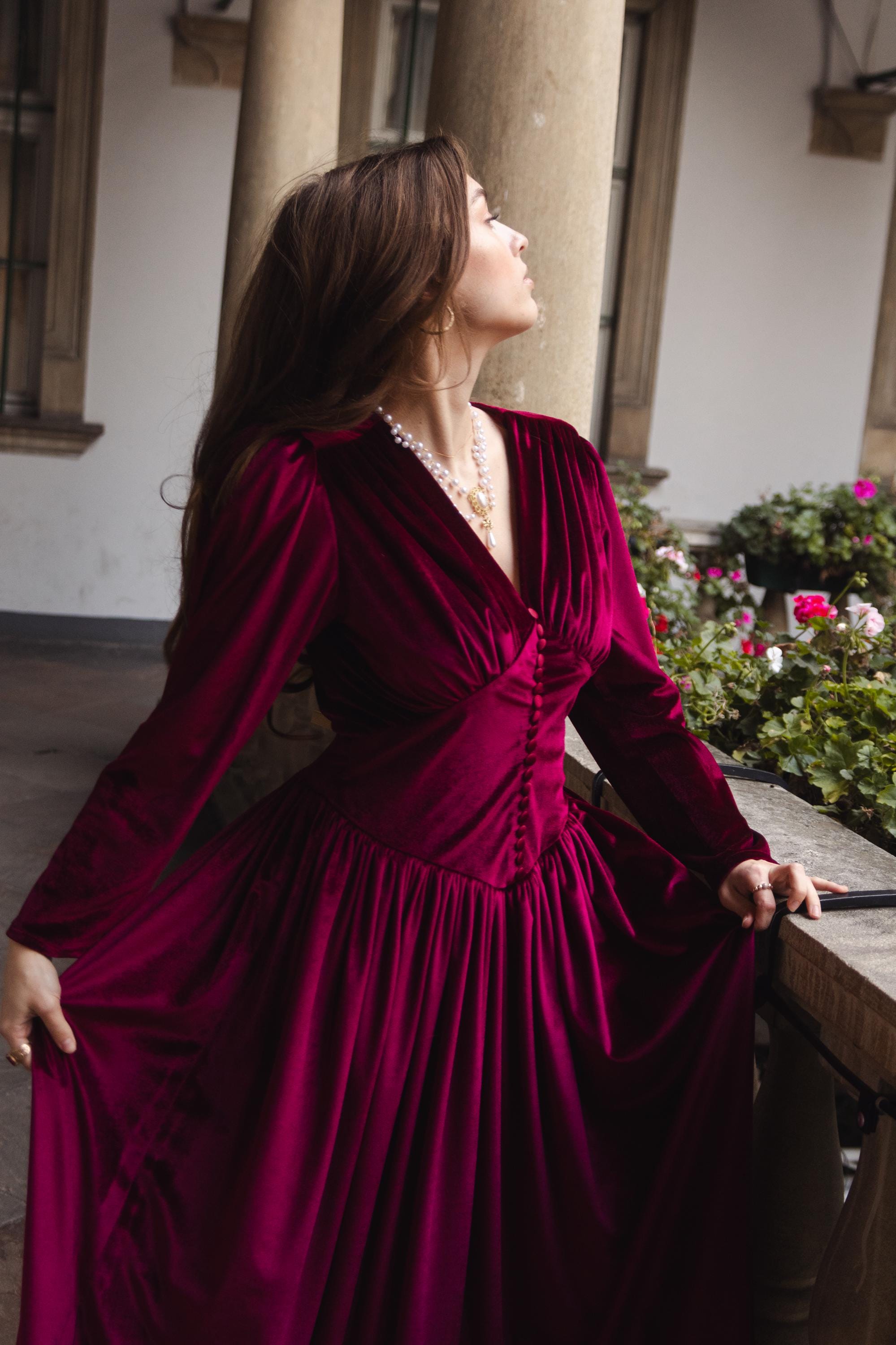 Vintage Spirit Dress 60s Velour Dress Red Bordeaux Dress Wine Puffy ...