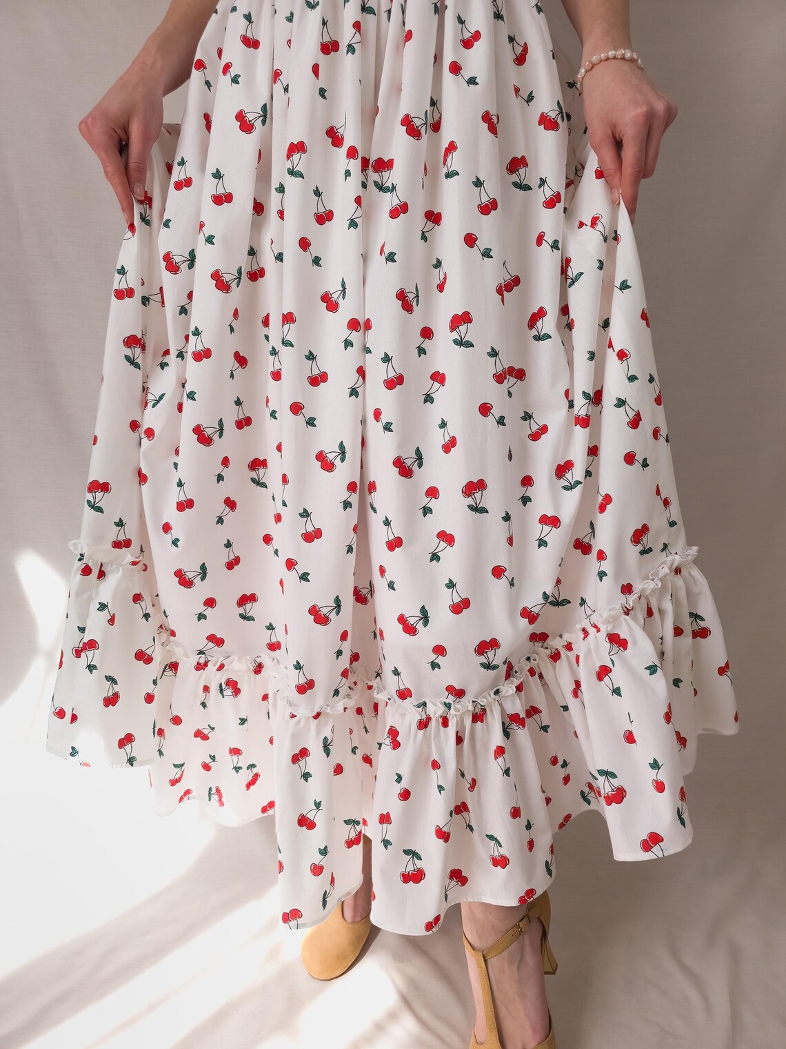 Maxi Dress Cherry Print Summer Cotton Dress White Strawberry Dress ...