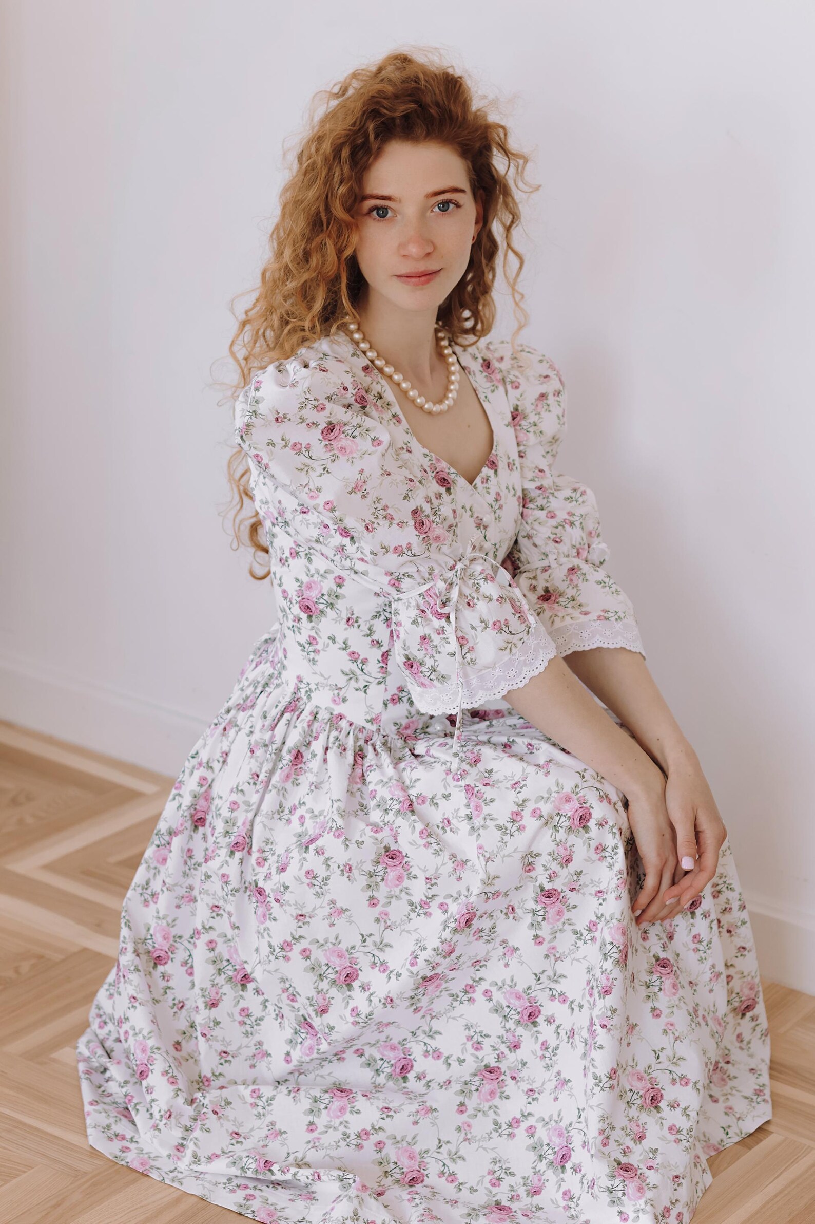 Floral Dress Puffy Sleeves Pastel Roses Print Victorian Dress Cottage ...