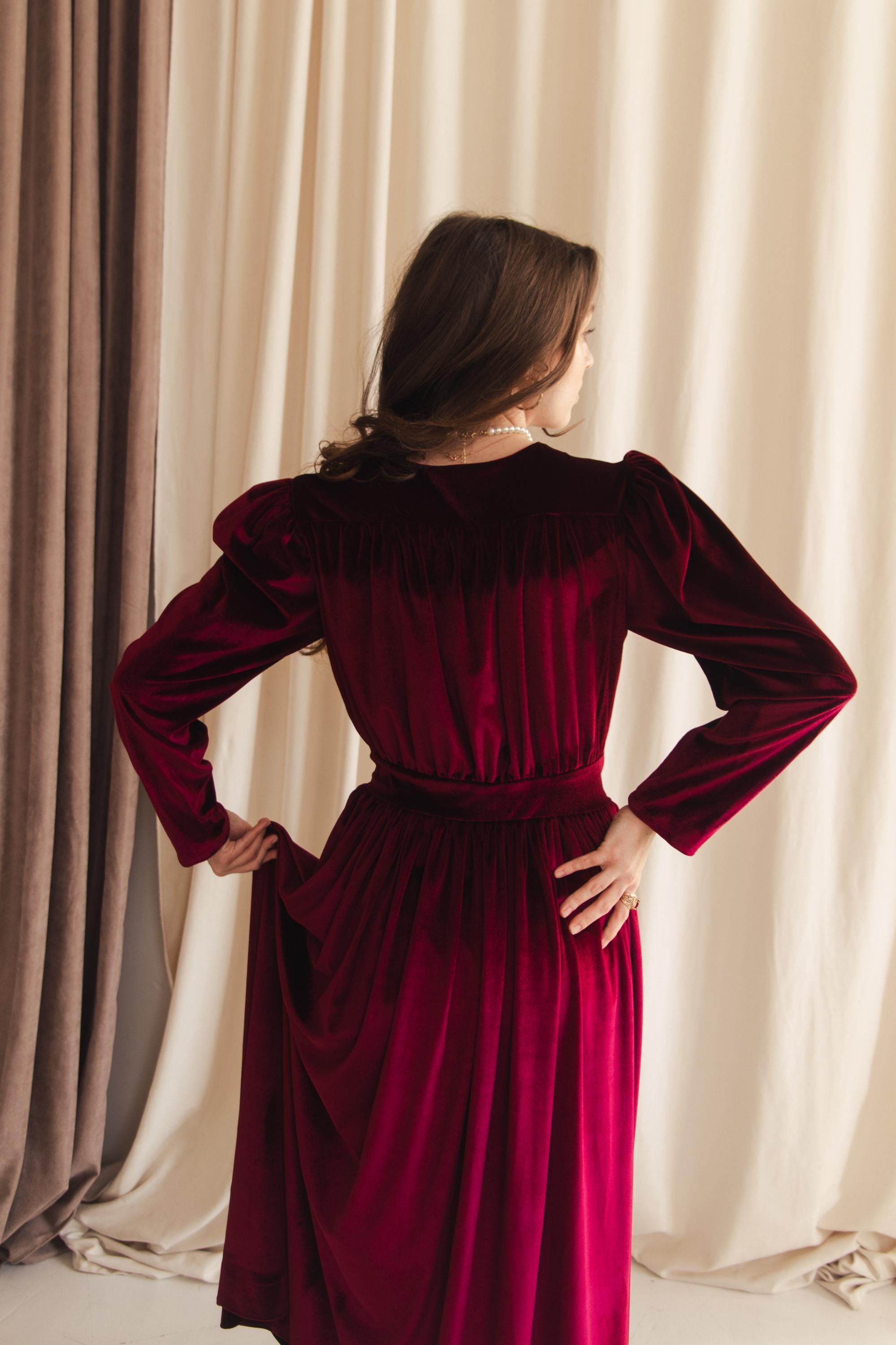 Vintage Spirit Dress 60s Velour Dress Red Bordeaux Dress Wine Puffy ...