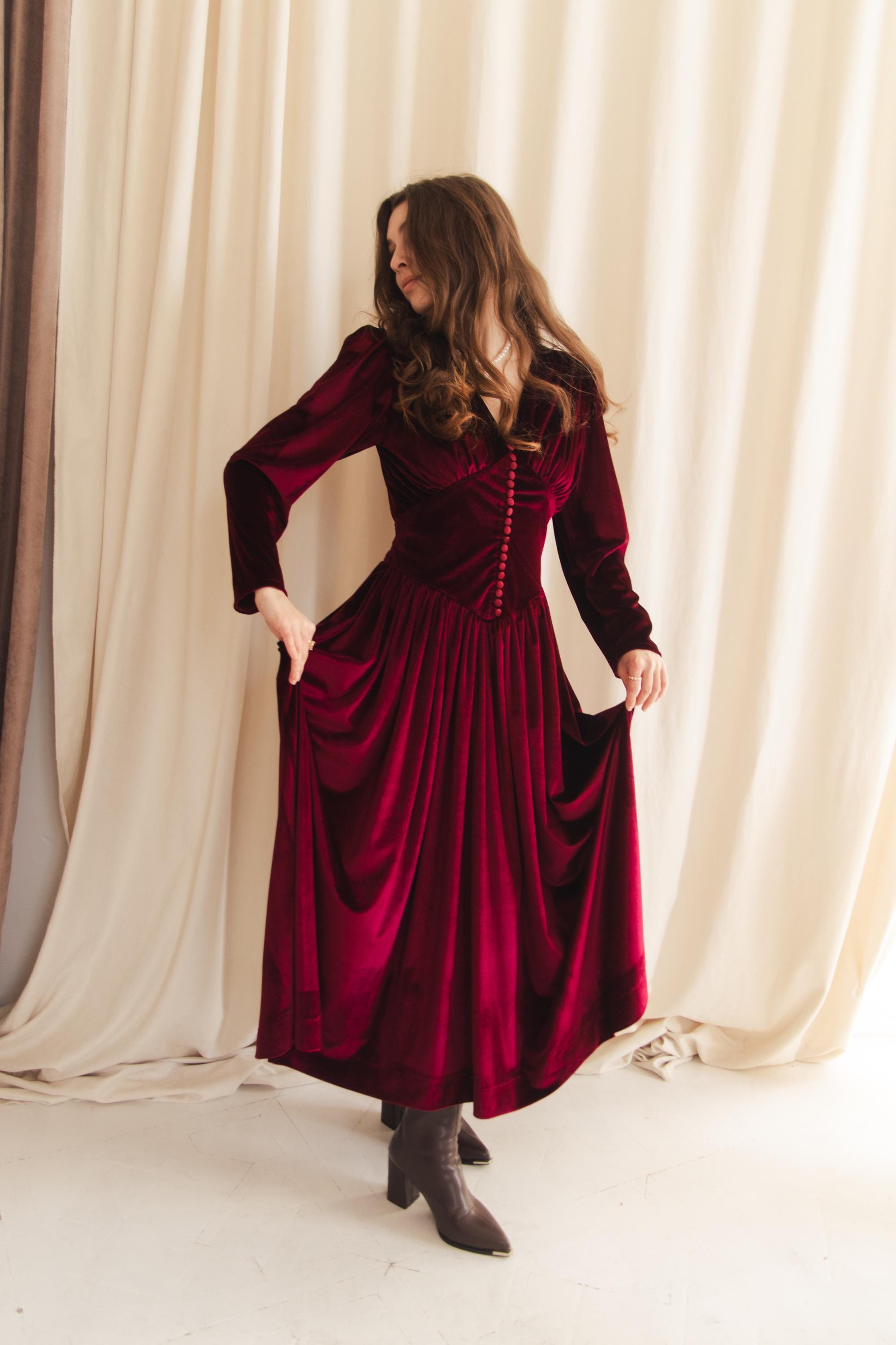 Vintage Spirit Dress 60s Velour Dress Red Bordeaux Dress Wine Puffy ...