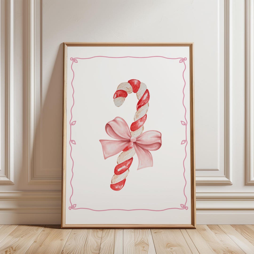 Coquette Candy Cane Wall Art, Coquette Christmas Print Trendy Pink ...