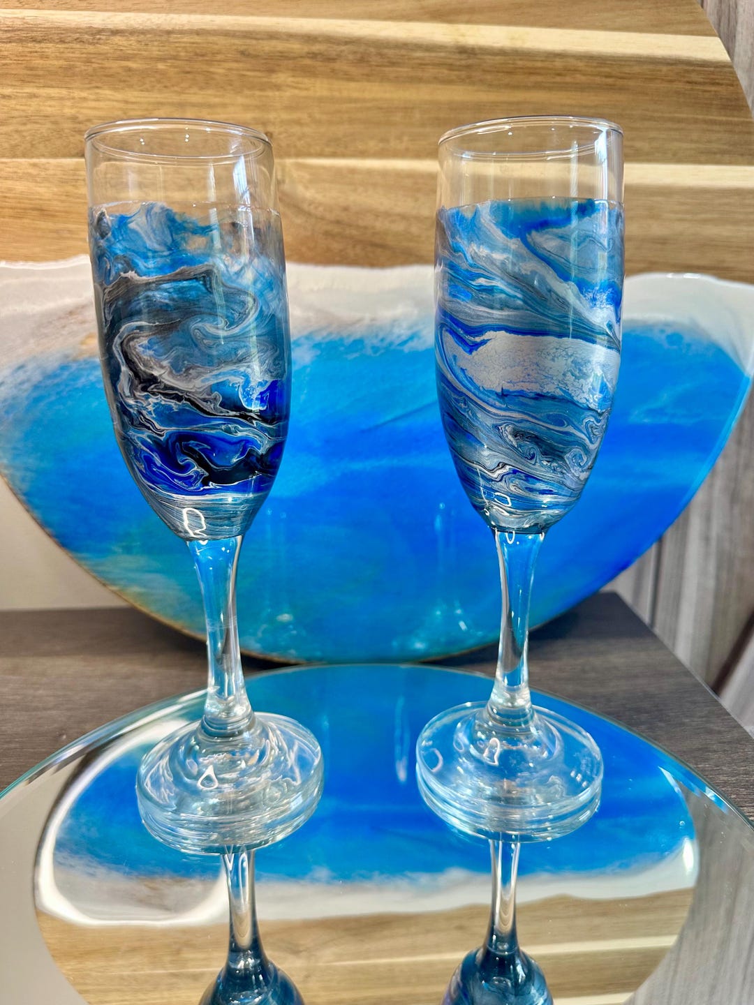 Set of 2 Handmade Resin and Alcohol Ink Champagne Flutes, Artistic ...