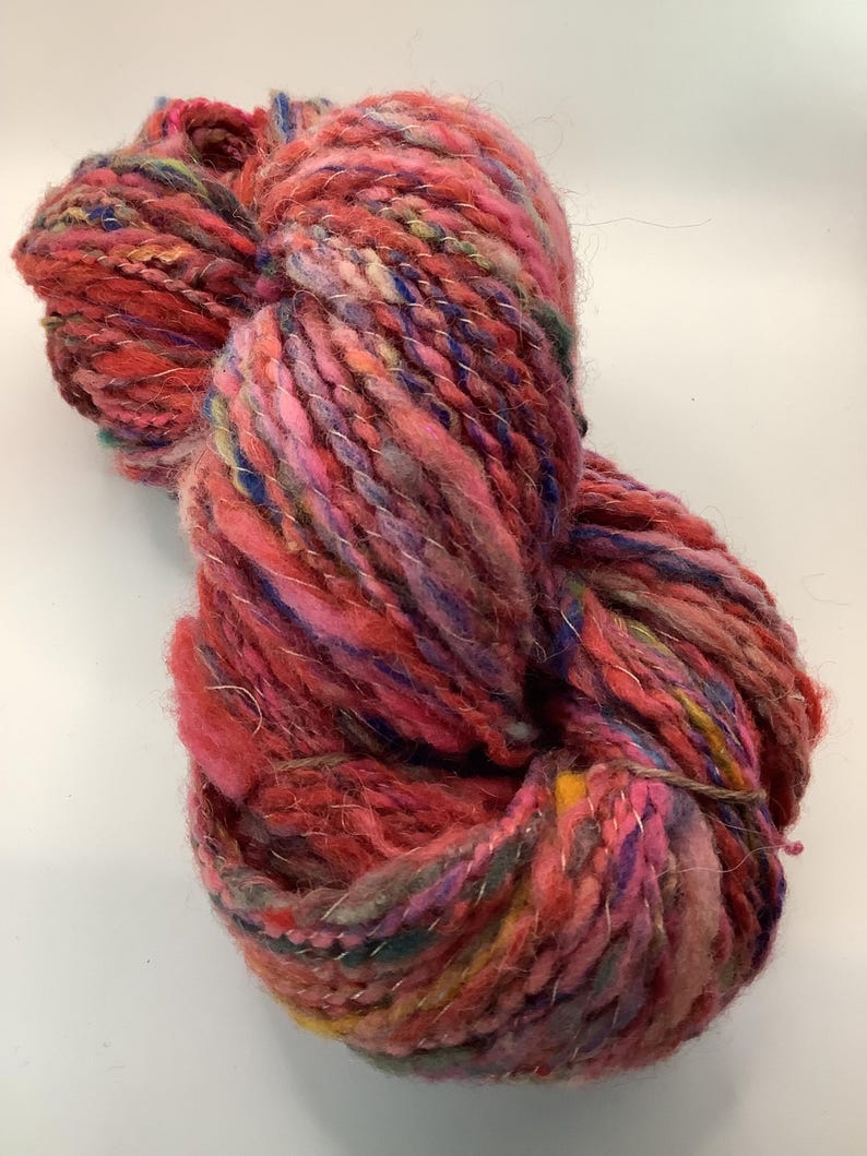 Handspun Art Yarn Red and Pink Scrappy Wool Blend Bulky 173 Yards 2.84 ...
