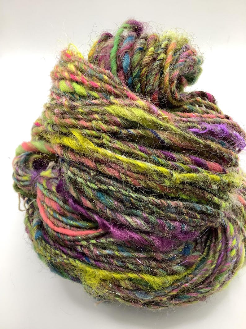 Handspun Art Yarn Neon Rainbow Scrappy Wool Blend Worsted Weight 111 ...