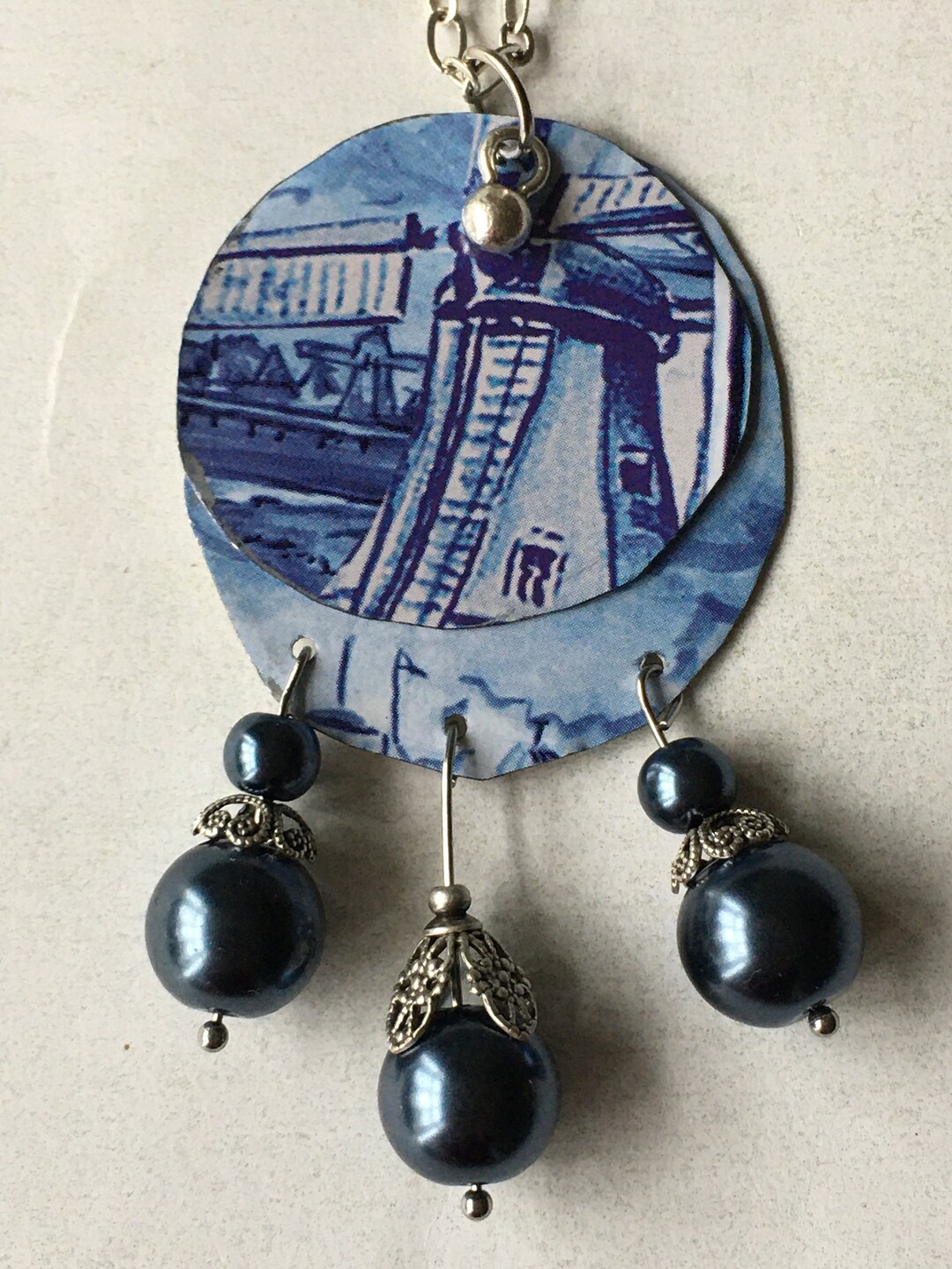 Vintage Blue and White Dutch Windmill and Nautical Scene Tin Pendant ...