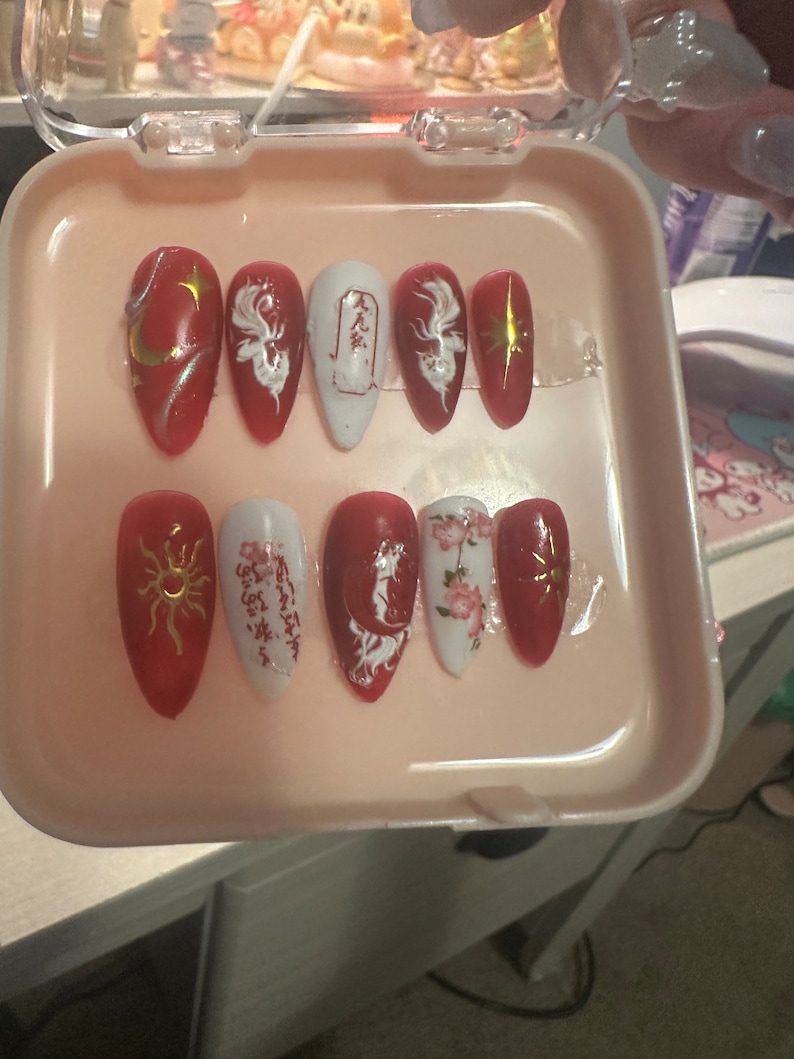 East Asian Fox Themed Red and White False Nail Gel Press on Nails - Etsy