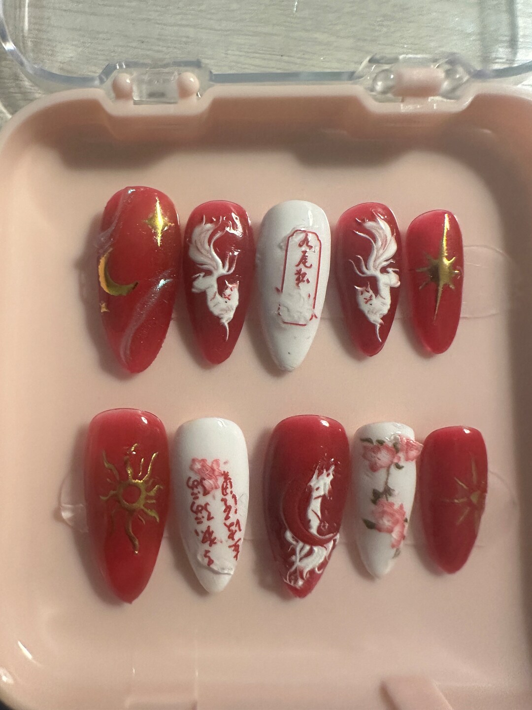 East Asian Fox Themed Red and White False Nail Gel Press on Nails - Etsy