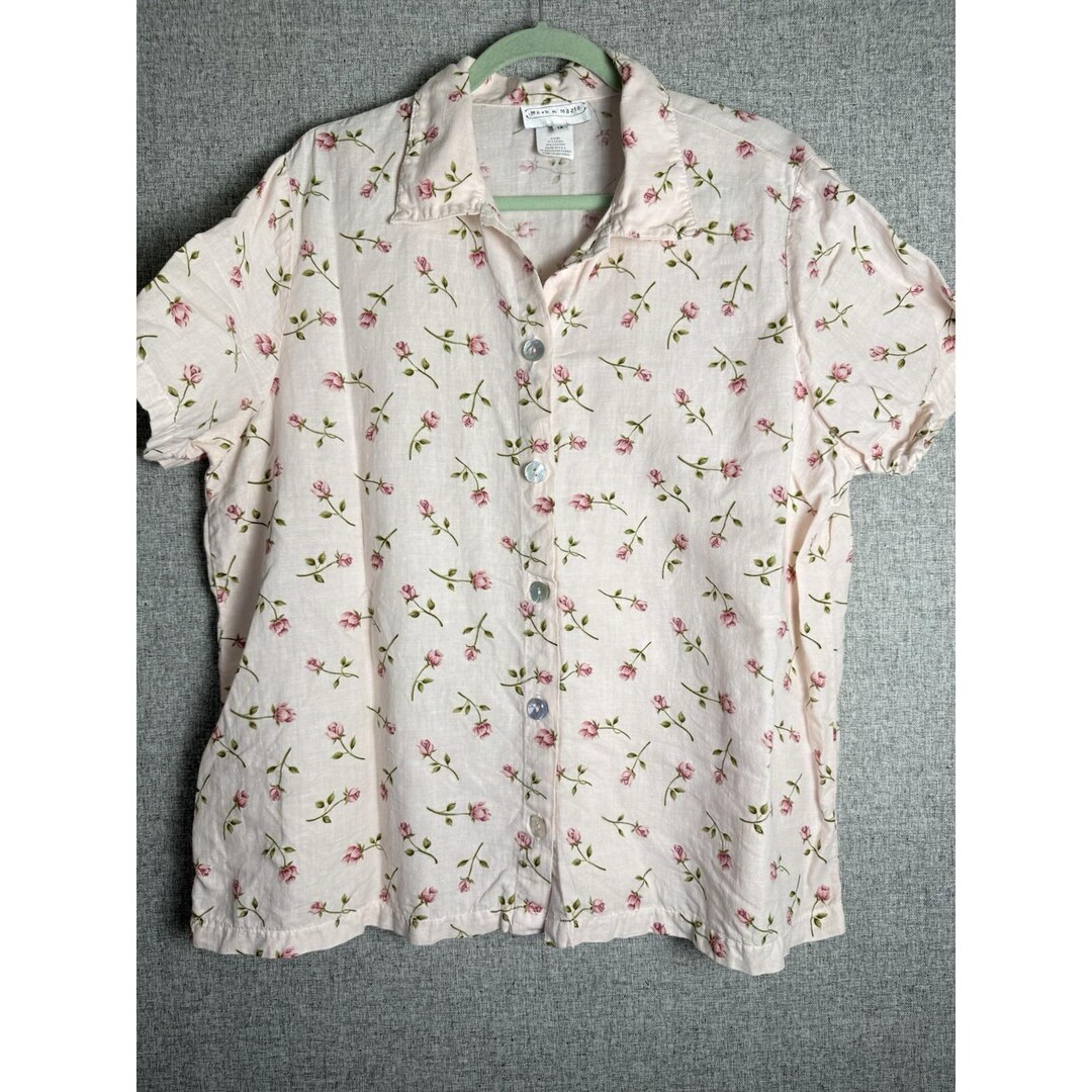 Vintage Y2K Pink Floral Roses Button Down Linen Shirt Granny Cottage ...