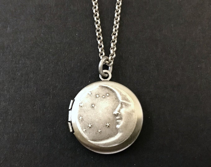 Vintage Moon Lady Locket Necklace, Sterling Silver Locket, Puffy Round ...