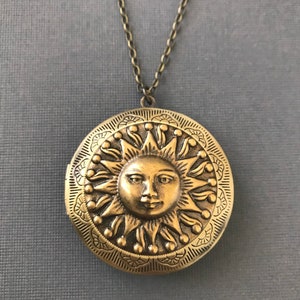 XL Celestial Locket Bold Sun Face Statement Necklace Antique Brass ...