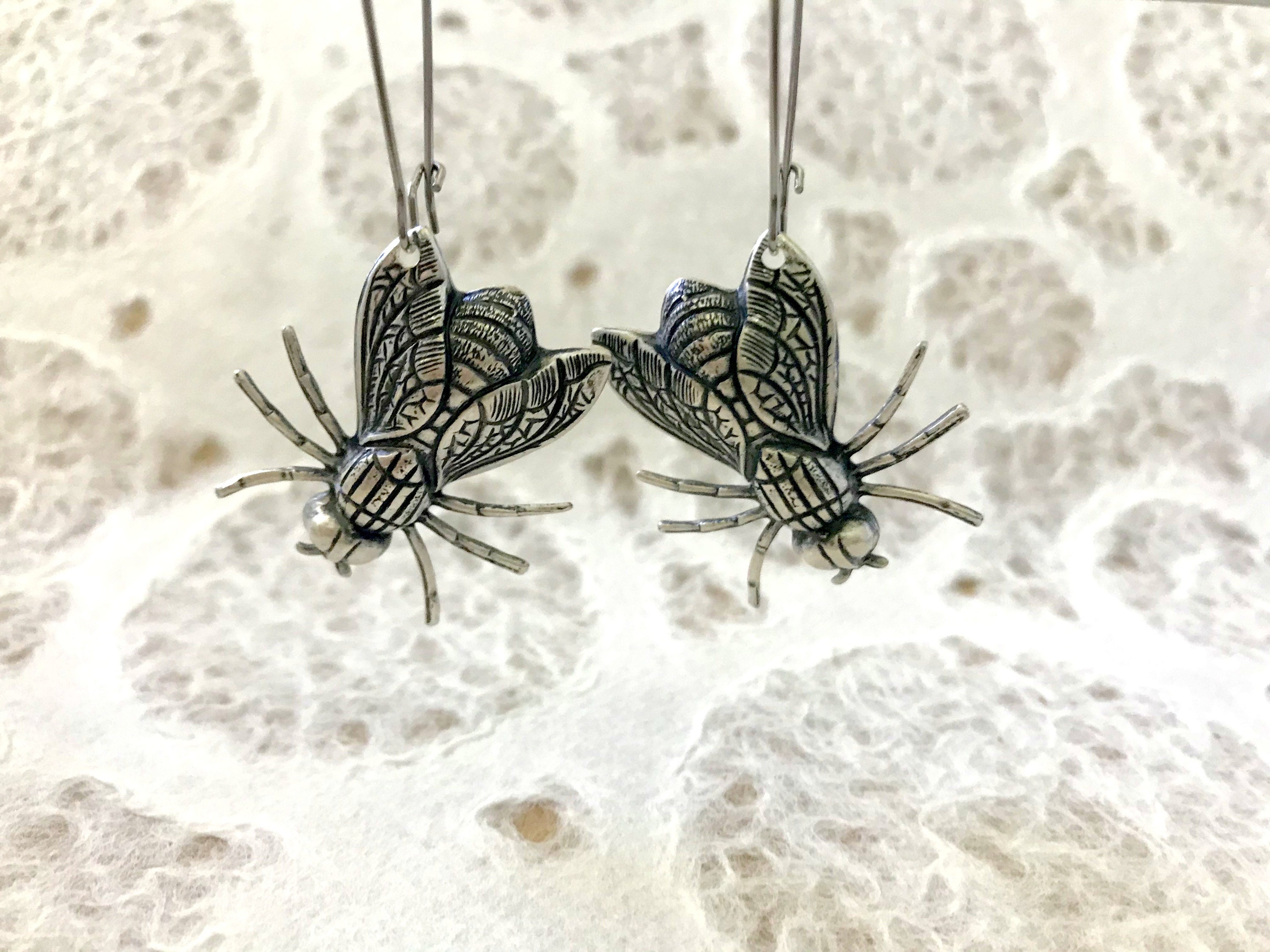 Silver Fly Earrings Insect Wings Silver Bug Goth Insect | Etsy