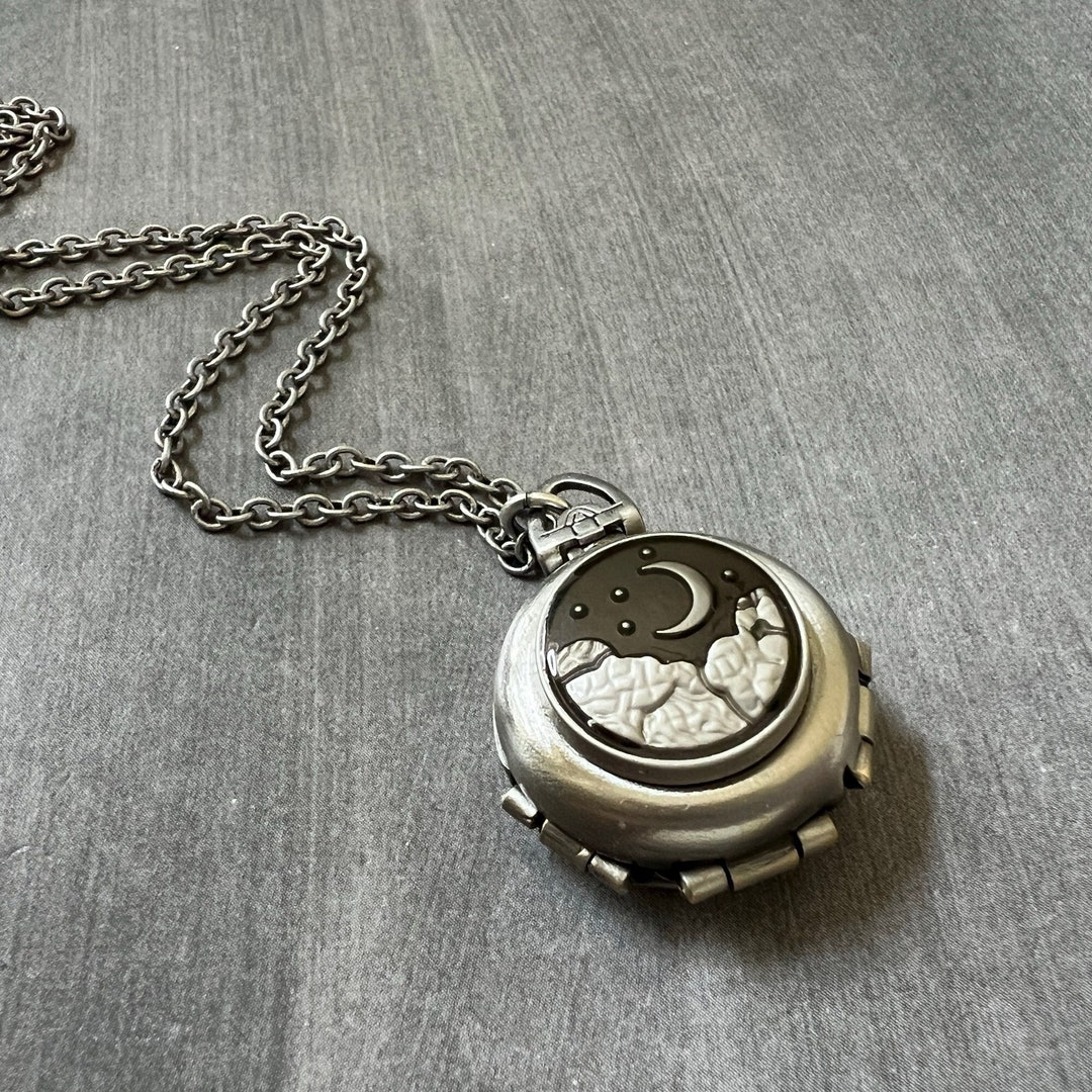 Quarter Moon Clouds 4 Photo Locket Necklace Celestial Cloudy Black ...
