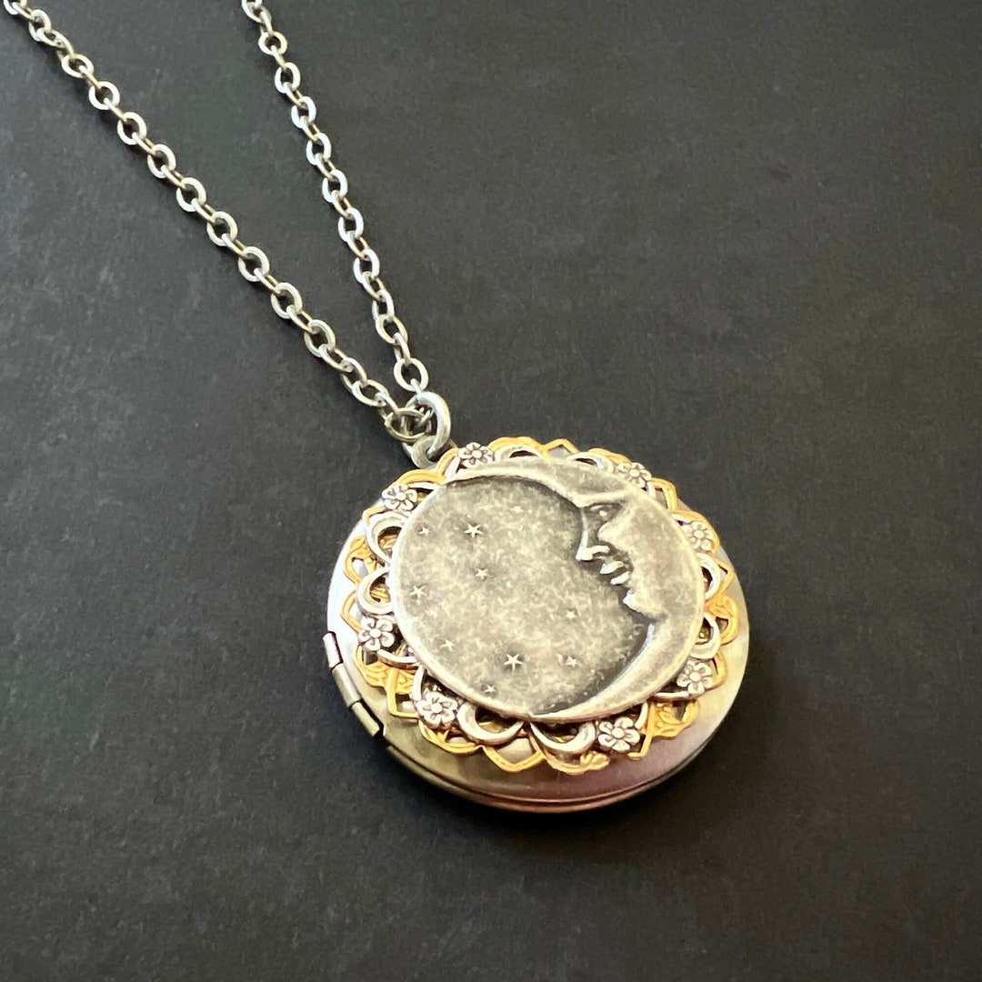 Crescent Moon Tiny Stars Locket Necklace Celestial Antique Silver ...