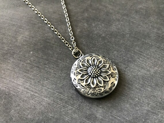 Sunflower Locket Silver Sunflower Boho Necklace Garden Wedding | Etsy