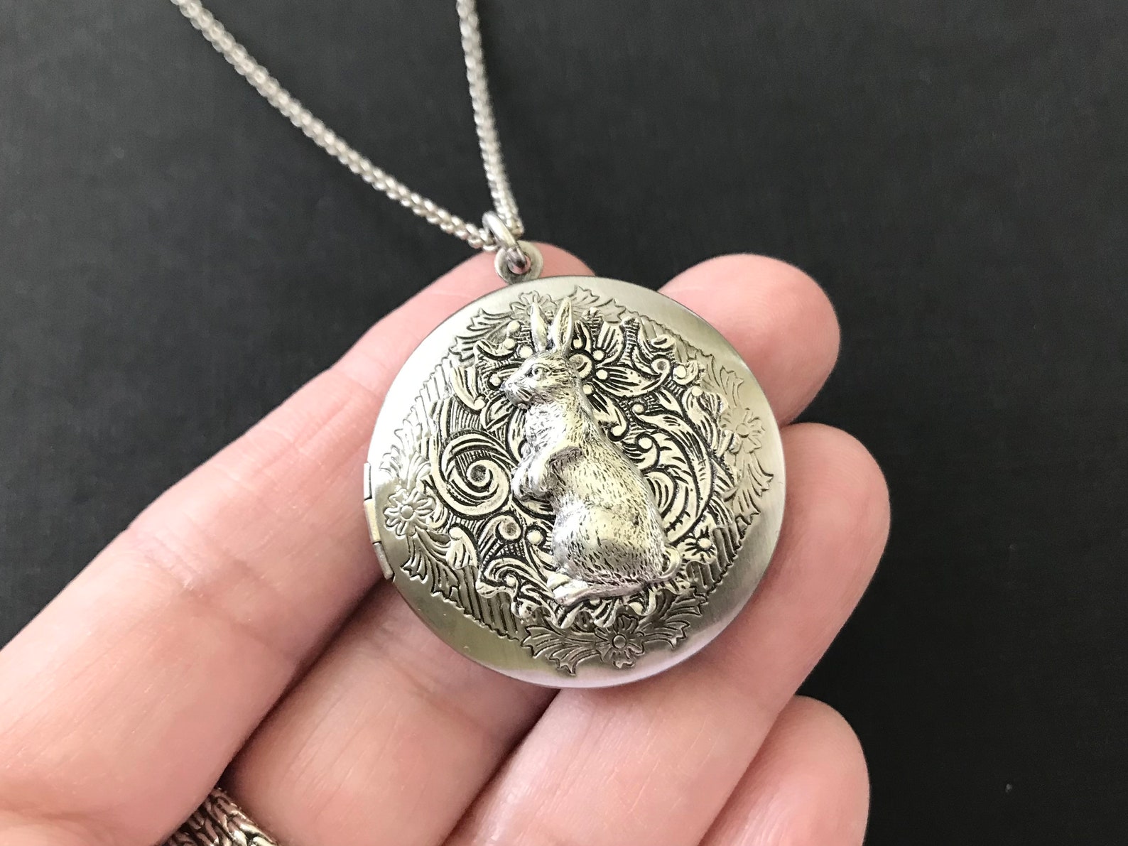 Silver Rabbit Locket Floral Bunny Antique Silver Locket Hare - Etsy